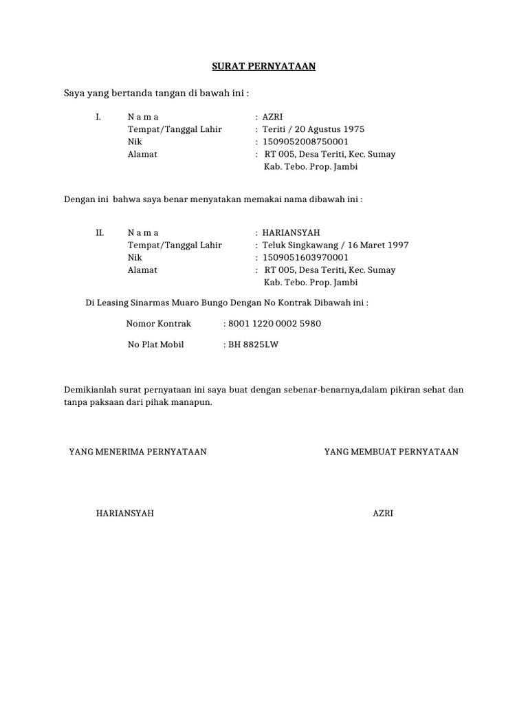 Surat Pernyataan Kontrak Leasing | PDF
