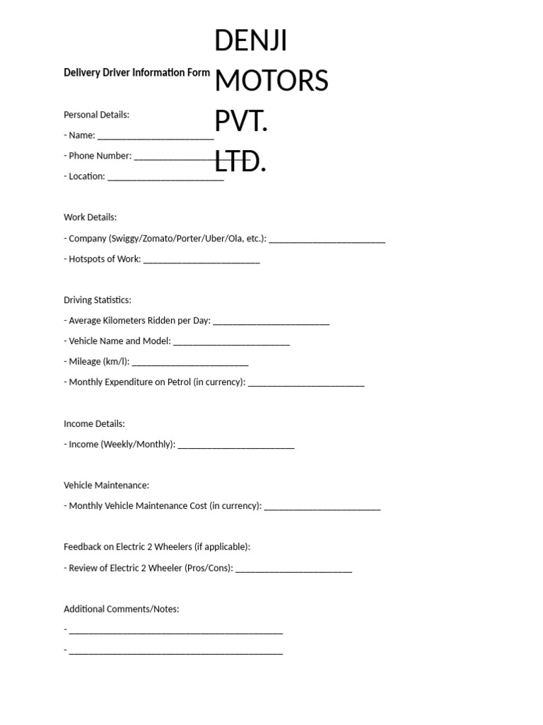 Delivery Driver Info Form Template | PDF