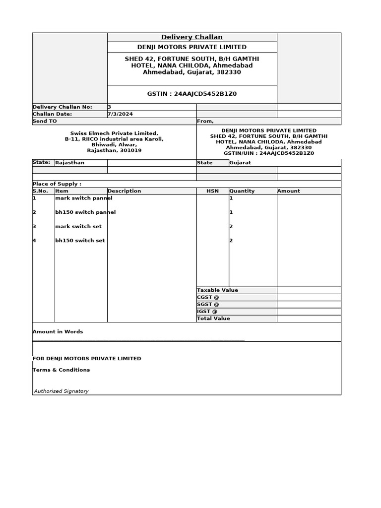 Delivery Challan Swiss Switch 3 | PDF