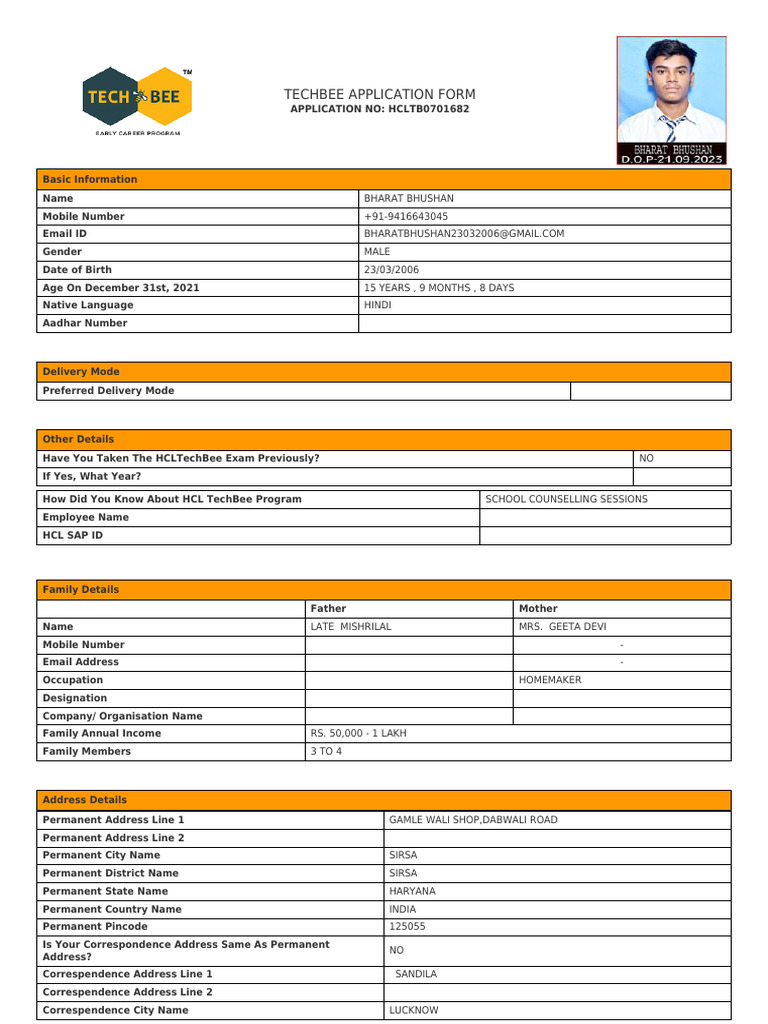 HCL TechBee Application Form Details | PDF