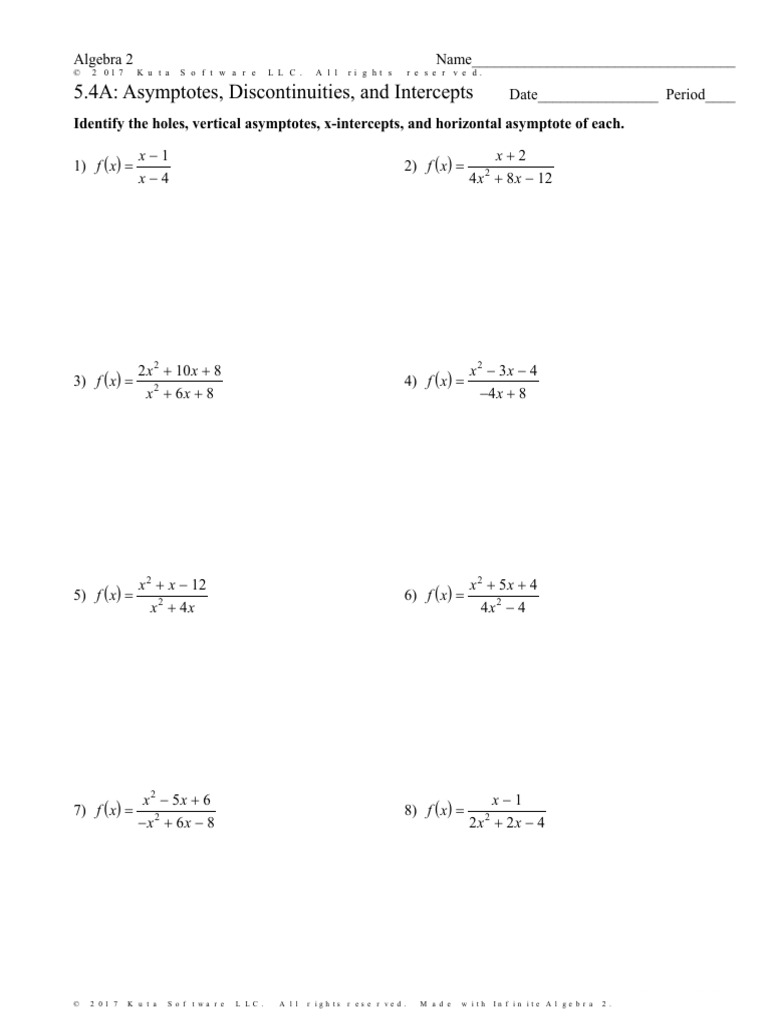 5.4A Asymptotes Discontinuities and Intercepts Worksheet | PDF ...