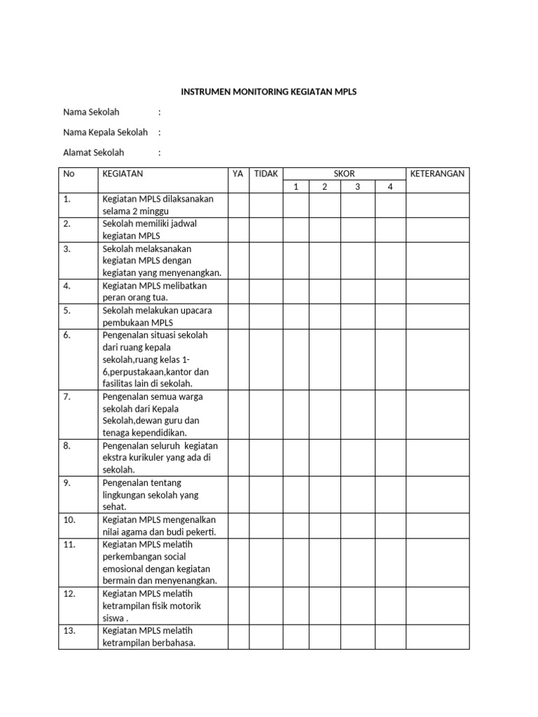 Instrumen Monitoring Kegiatan MPLS | PDF