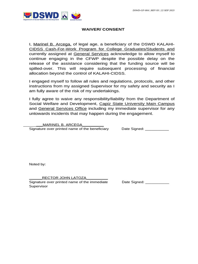DSWD Cash-For-Work Waiver Consent | PDF | Consent