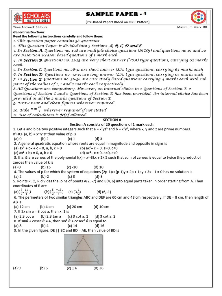 SAMPLE PAPER 4 | PDF | Arithmetic | Mathematics