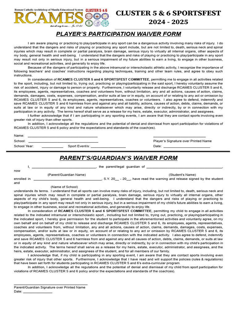 RCAM ES Players Waiver Form | PDF | Private Law