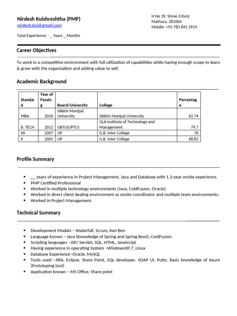 Resume_Nirdesh-PMP | PDF | Databases | Java (Programming Language)