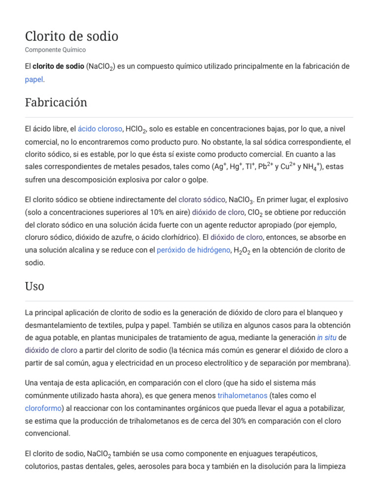 Clorito de Sodio - Wikipedia, La Enciclopedia Libre | PDF | Sustancias ...