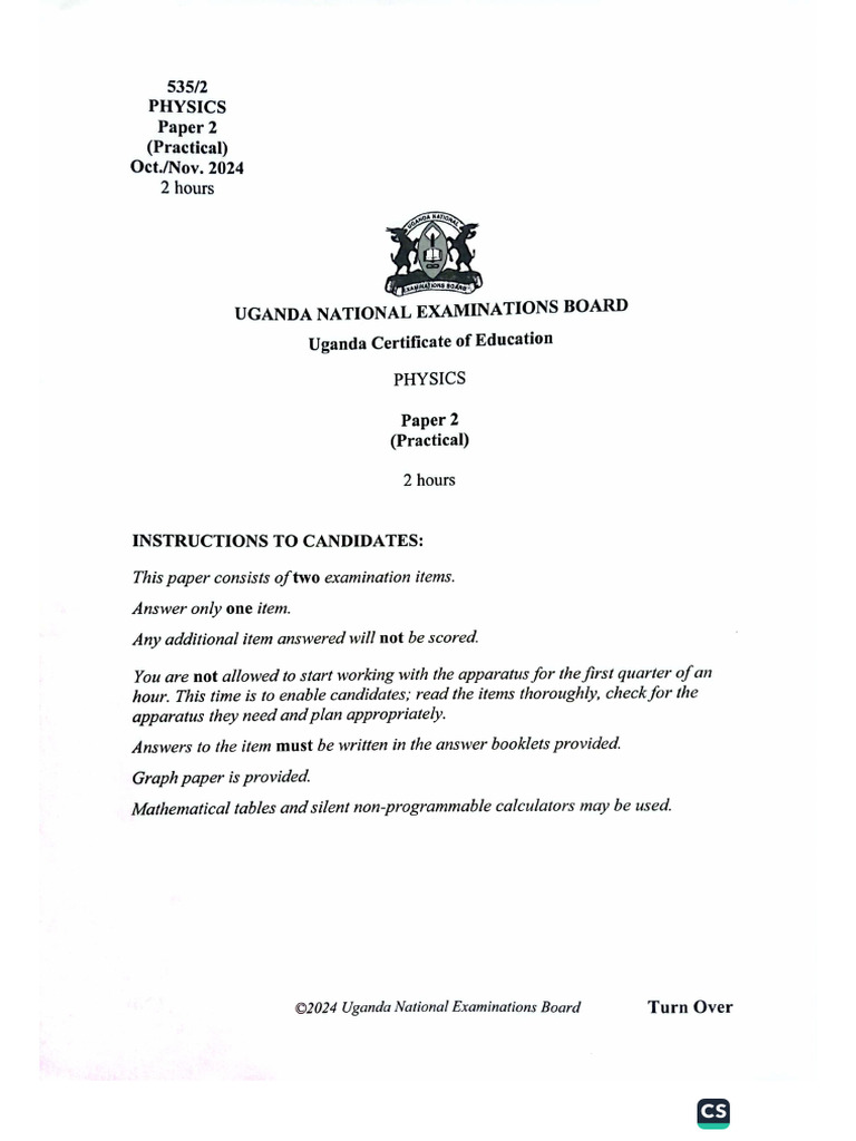 s.4 Physics p.2 Practical Uneb 2024 New Curriculum | PDF