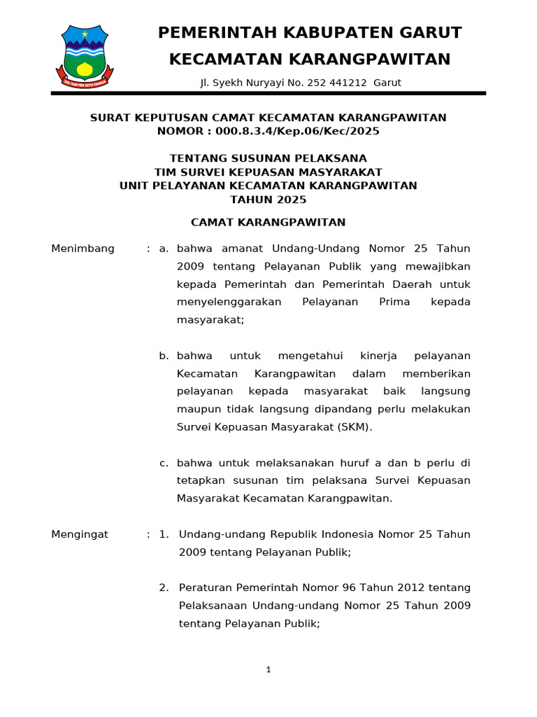 SK Susunan Pelaksana Tim SKM Kecamatan Karangpawitan 2025 | PDF