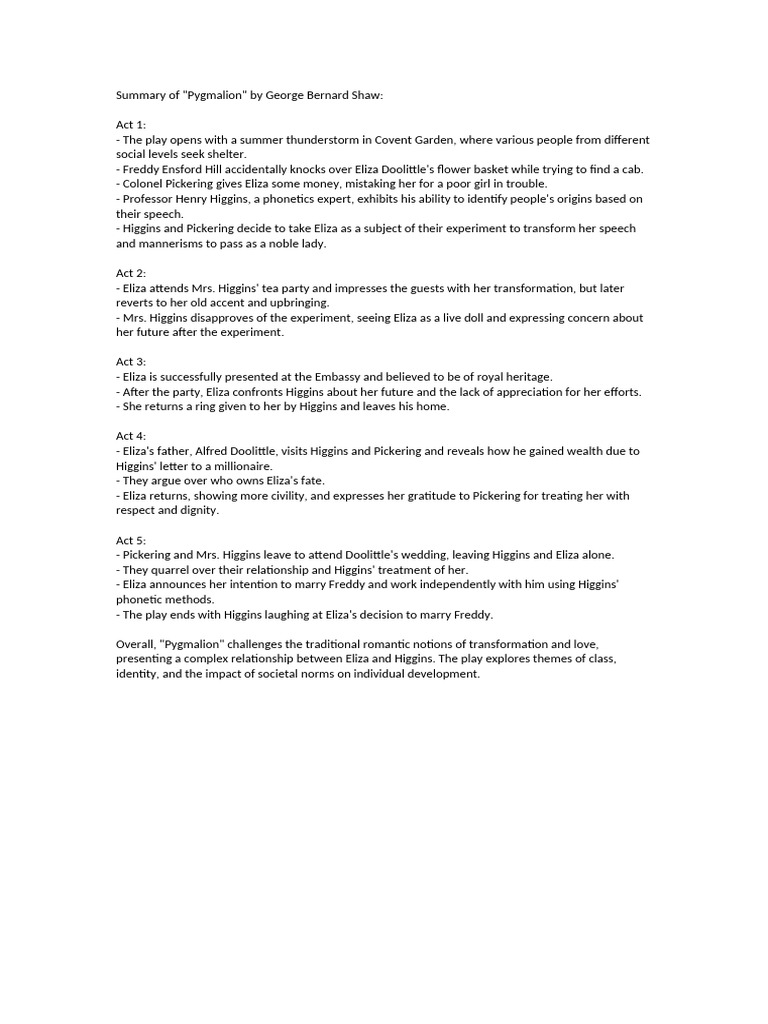 Summary of Pygmalion | PDF