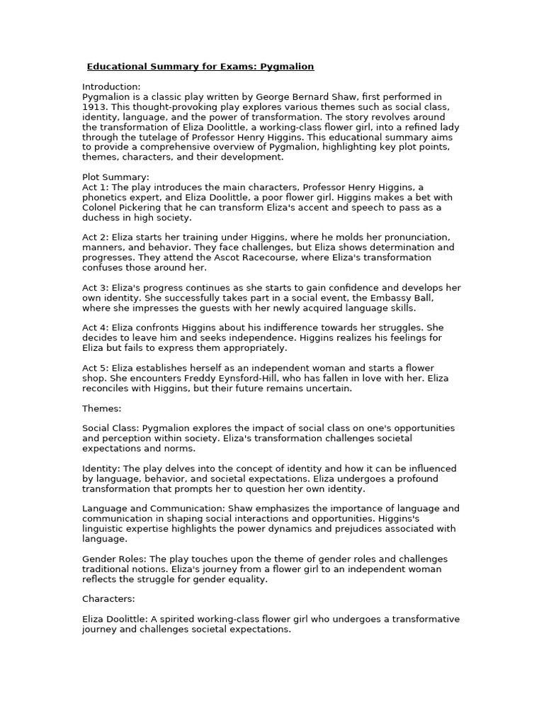 Educational Summary For Pygmalion | PDF | Pygmalion (Play) | Social Psychology