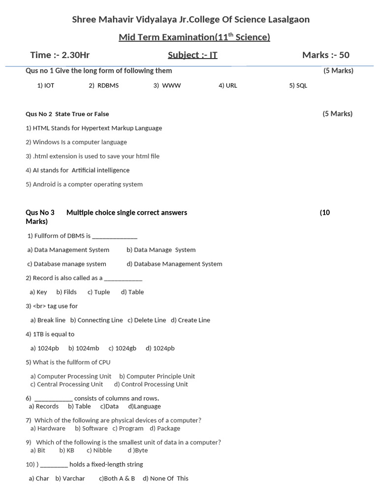 11th Science IT Midterm Exam | PDF | Databases | Operating System