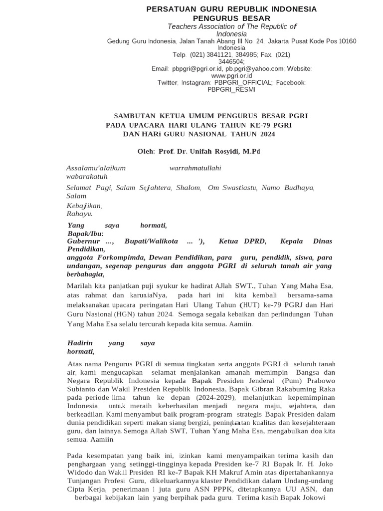 SAMBUTAN HARI PGRI 79 Tahun 2024 | PDF