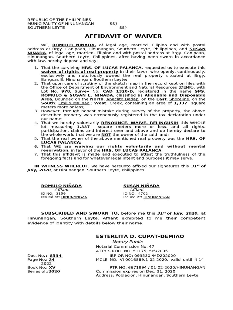 AFFIDAVIT OF WAIVER - SPS. ROMULO & SUSAN E. CAÑADA | PDF | Affidavit ...