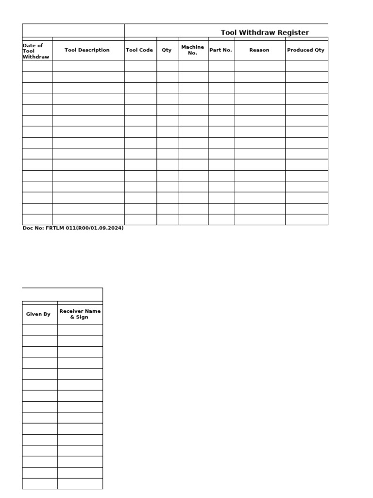 Tool Withdraw Register Template | PDF