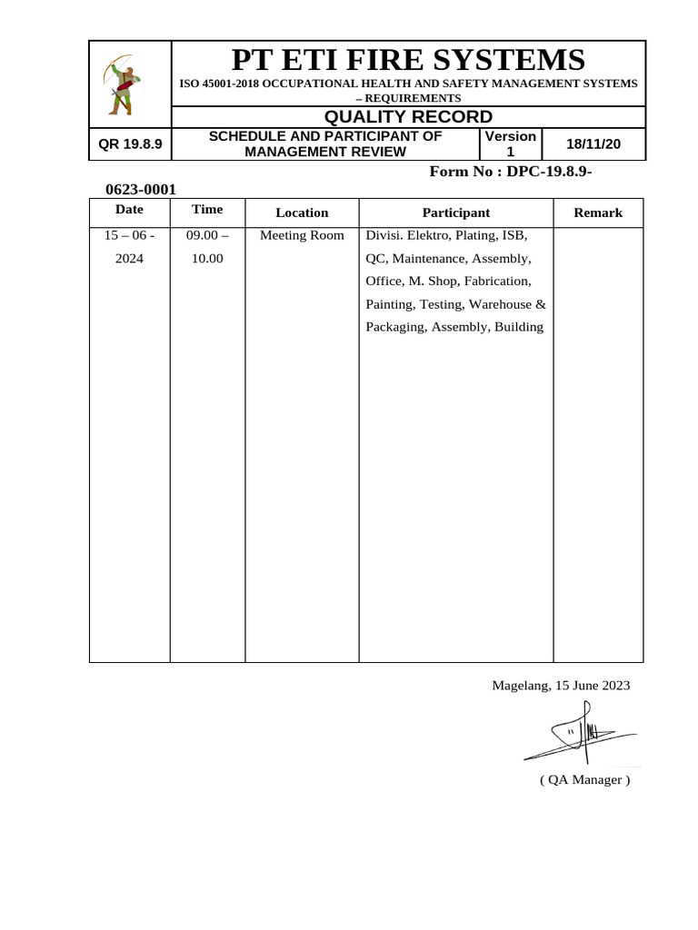 ISO 45001 Management Review Schedule | PDF