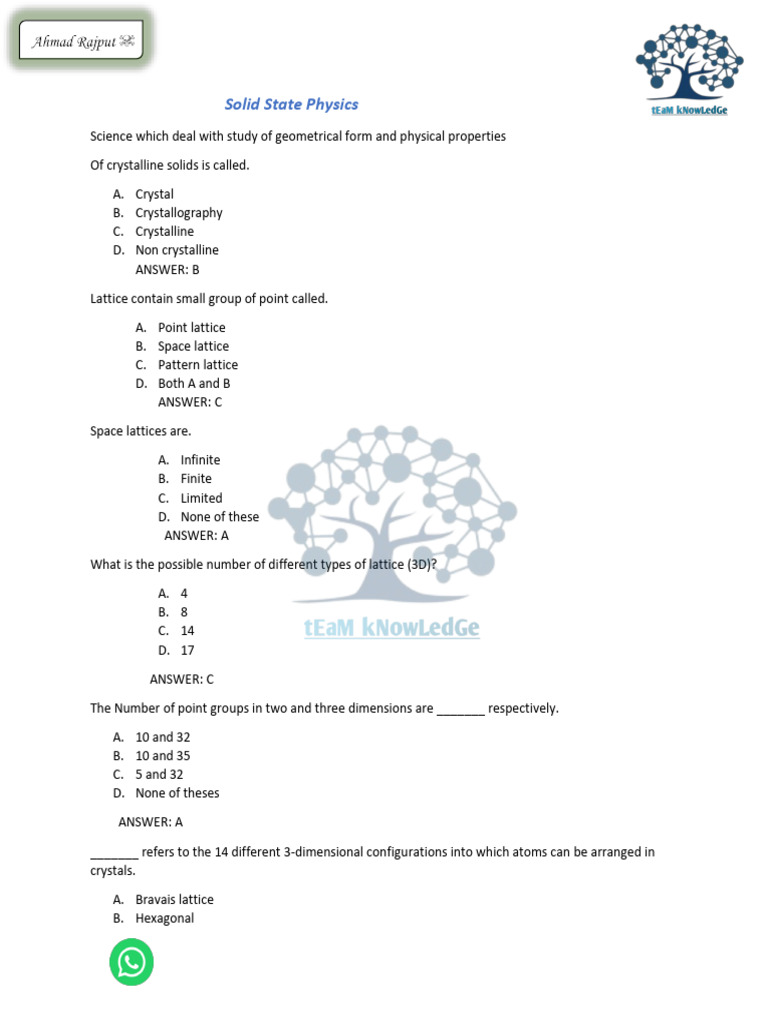 100 Mcqs of Solid State Physics-1 | PDF | Crystal Structure | Crystal