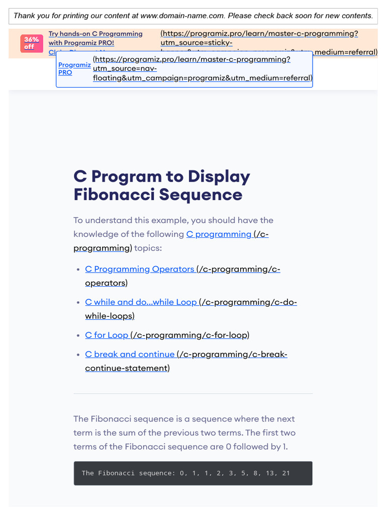C Program To Display Fibonacci Sequence Pdf Computer Programming 4328