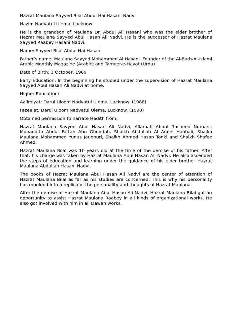 Hazrat Maulana Sayyed Bilal Abdul Hai Hasani Nadvi | PDF