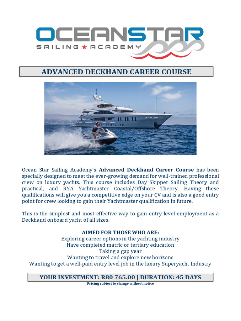 OSSA Superyacht Advanced Deckhand Career Package Incl RYA YMT | PDF | Water Transport