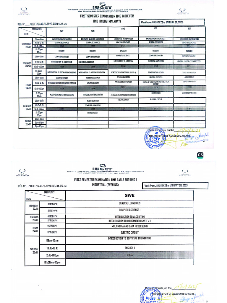 First Semester Examination Time Table For HND I Industrial (Day and ...