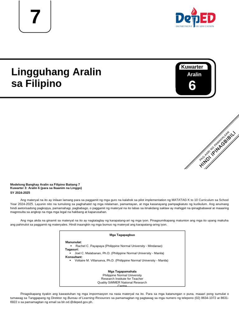 LE - Q3 - Filipino-7 - Lesson-6 - Week 6 | PDF