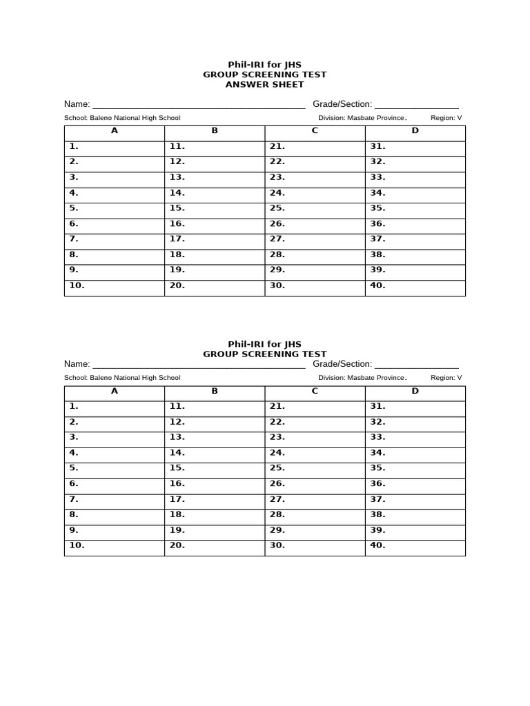 Phil-IRI For JHS - GST - Answer Sheet | PDF