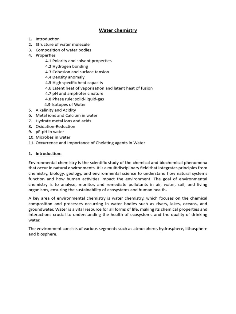 Water Chemistry Overview and Properties | PDF | Alkalinity | Chemical ...