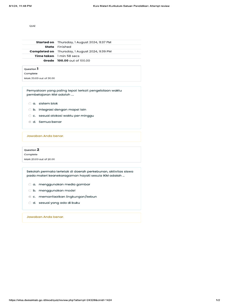 Kuis Materi KUIS Kurikulum Satuan Pendidikan - Attempt Review (RESTU) | PDF