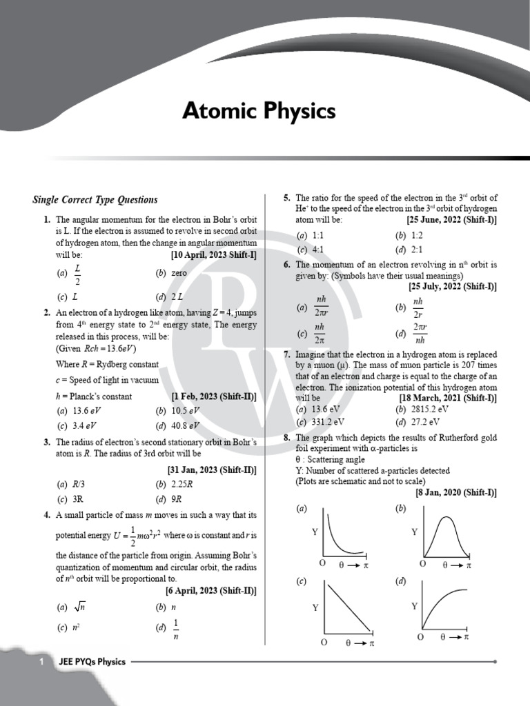 Atomic Physics - PYQ Practice Sheet | PDF | Electron | Energy Level