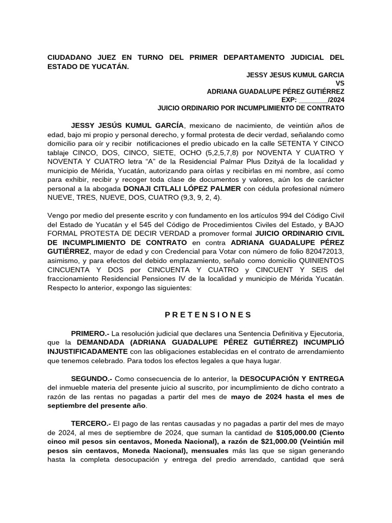 Demanda Por Incumplimiento de Contrato de Arrendamiento | PDF | Demanda judicial | Justicia