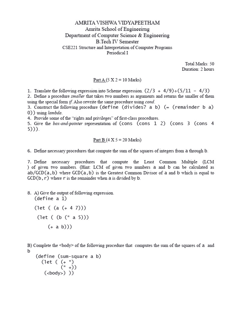 CSE221 Structure and Interpretation of Computer Programs IV Semester CSE (Ettimadai) | PDF ...