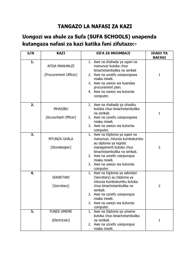 Nafasi Za Kazi PDF | PDF