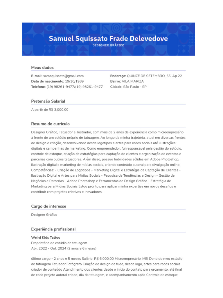 1000curriculo Samuel Squissato Frade Delevedove | PDF | Redes sociais | Cultura Popular e ...