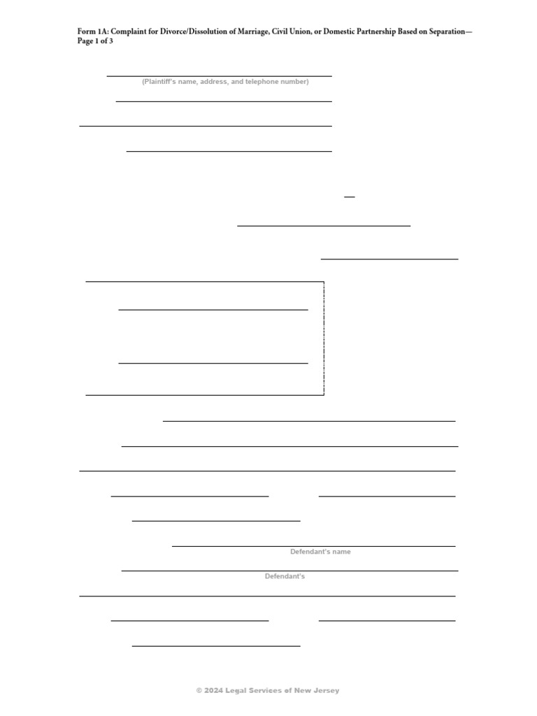 New Jersey Divorce Complaint Form 1A | PDF | Complaint | Civil Union