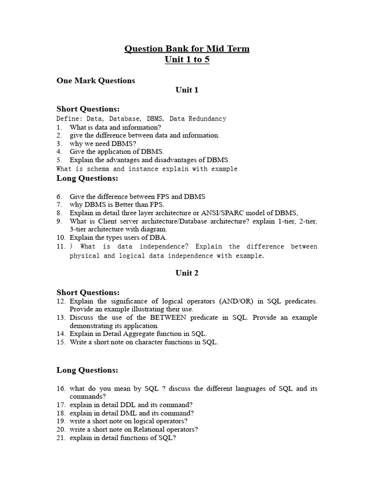 Updated Question Bank For Mid Term DBMS | PDF | Relational Model | Databases