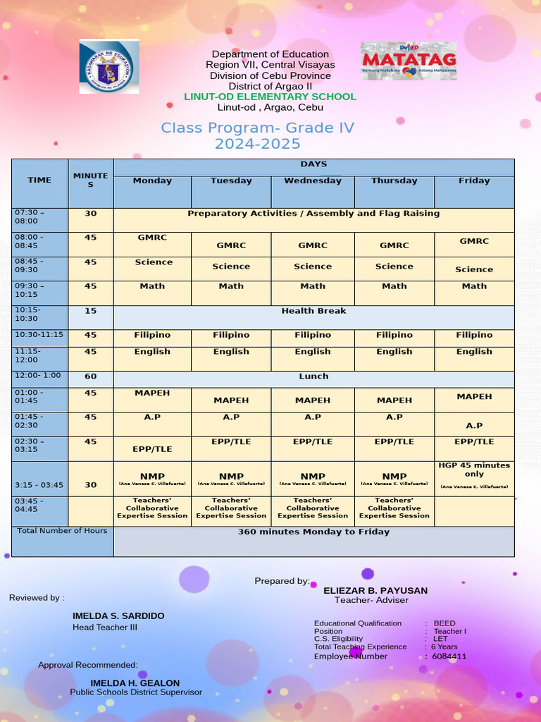 Grade IV Class Schedule 2024-2025 | PDF