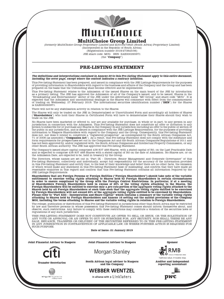 MultiChoice Group JSE Listing Statement | PDF | Judgment (Law) | Damages