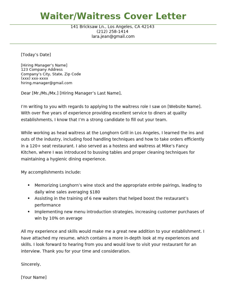 Waiter Waitress Cover Letter Example - Chicago Green | PDF | Waiting ...