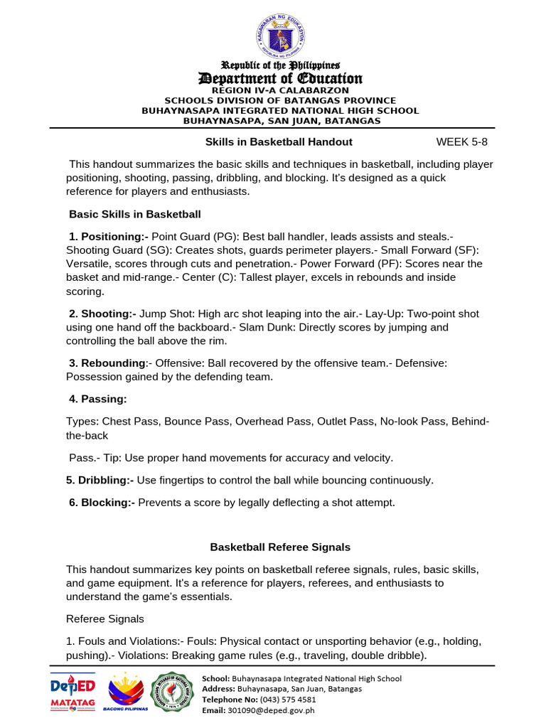 Basketball Handout Week 5-8 | PDF | Basketball Positions | Team Sports