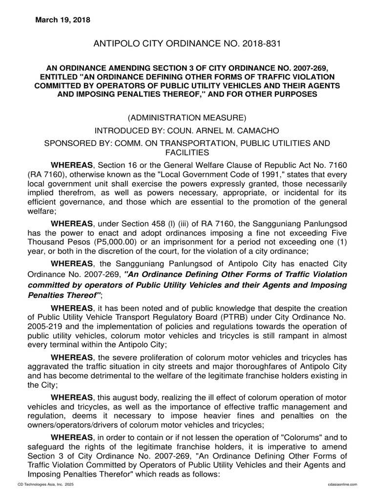 Antipolo City Ordinance No. 2018-831 | PDF | Transport | Government
