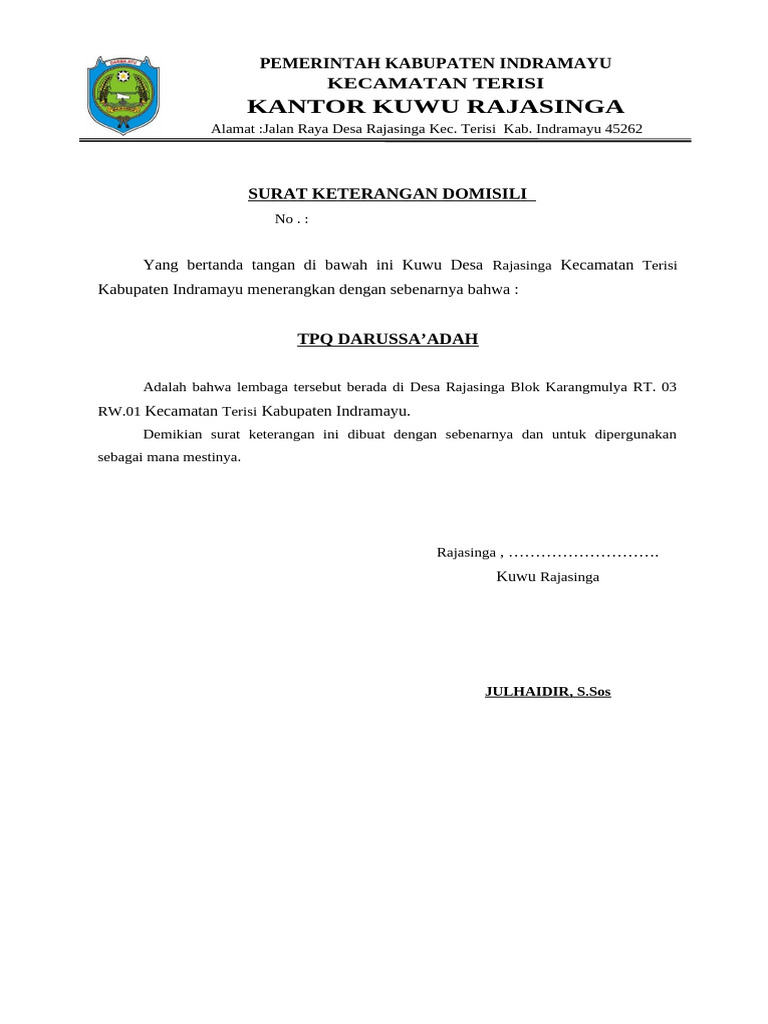 Surat Domisili TPQ Darussa'adah | PDF
