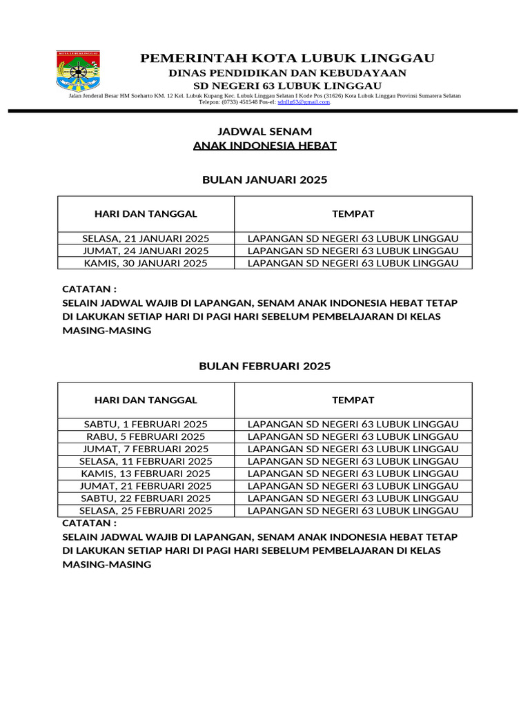 Jadwal Senam Anak Indonesia Hebat | PDF