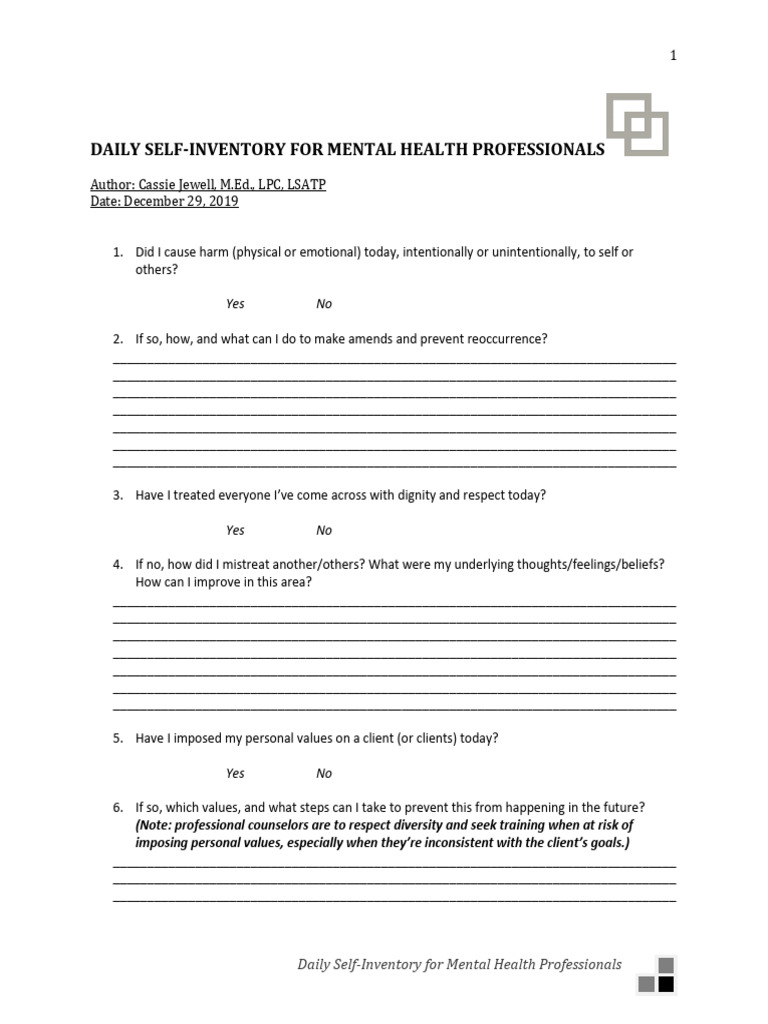 Daily Self Inventory For MHP's | PDF | Mental Health | Social Psychology