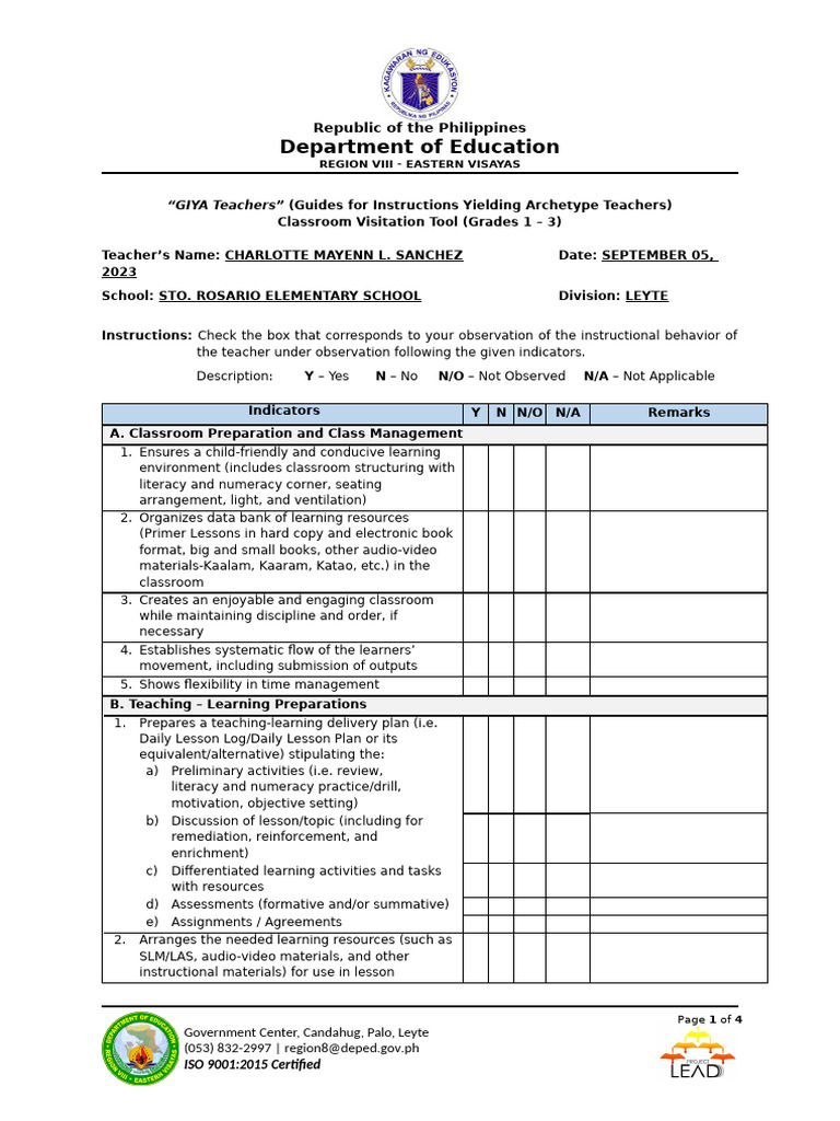 Classroom Visitation Tool for Grades 1-3 | PDF | Learning | Teachers