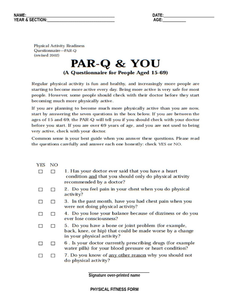 FITNESS FORM AND PARQ N YOU | PDF | Physical Fitness | Physical Exercise