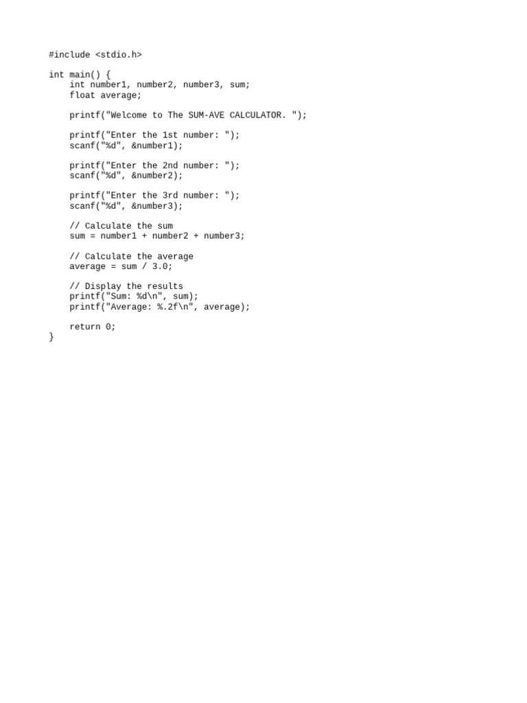 C Programming: Sum & Average Calculator | PDF
