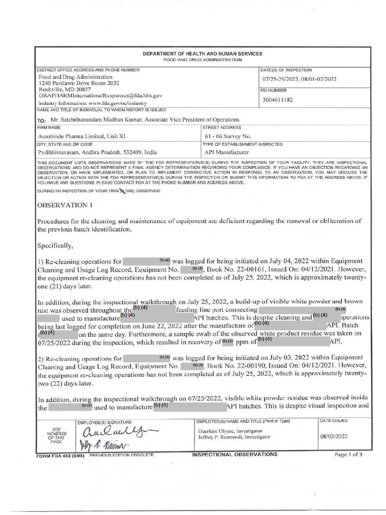 FDA Inspection Report: Aurobindo Pharma | PDF | Food And Drug ...
