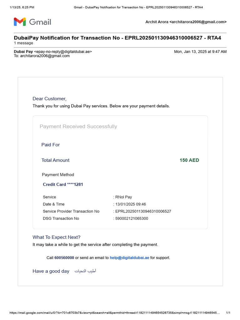 Gmail - DubaiPay Notification For Transaction No - EPRL202501130946310006527 - RTA4 | PDF