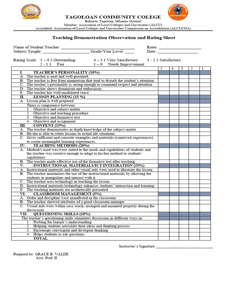 Teaching Demo Rubrics Pdf Teachers Learning
